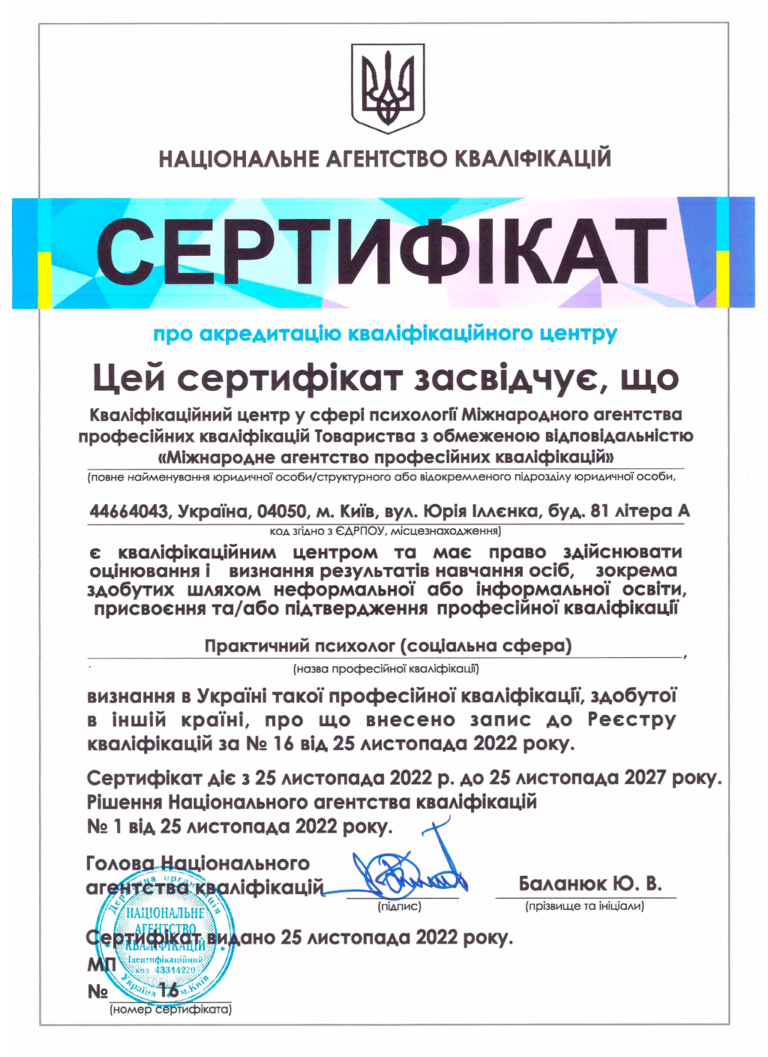 Реєстр сертифікатів Міжнародне агентство професійних кваліфікацій